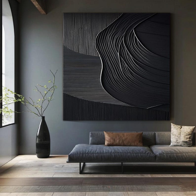 Pure Black Abstract Wall Painting, Large Black Minimalist Wall Art ...