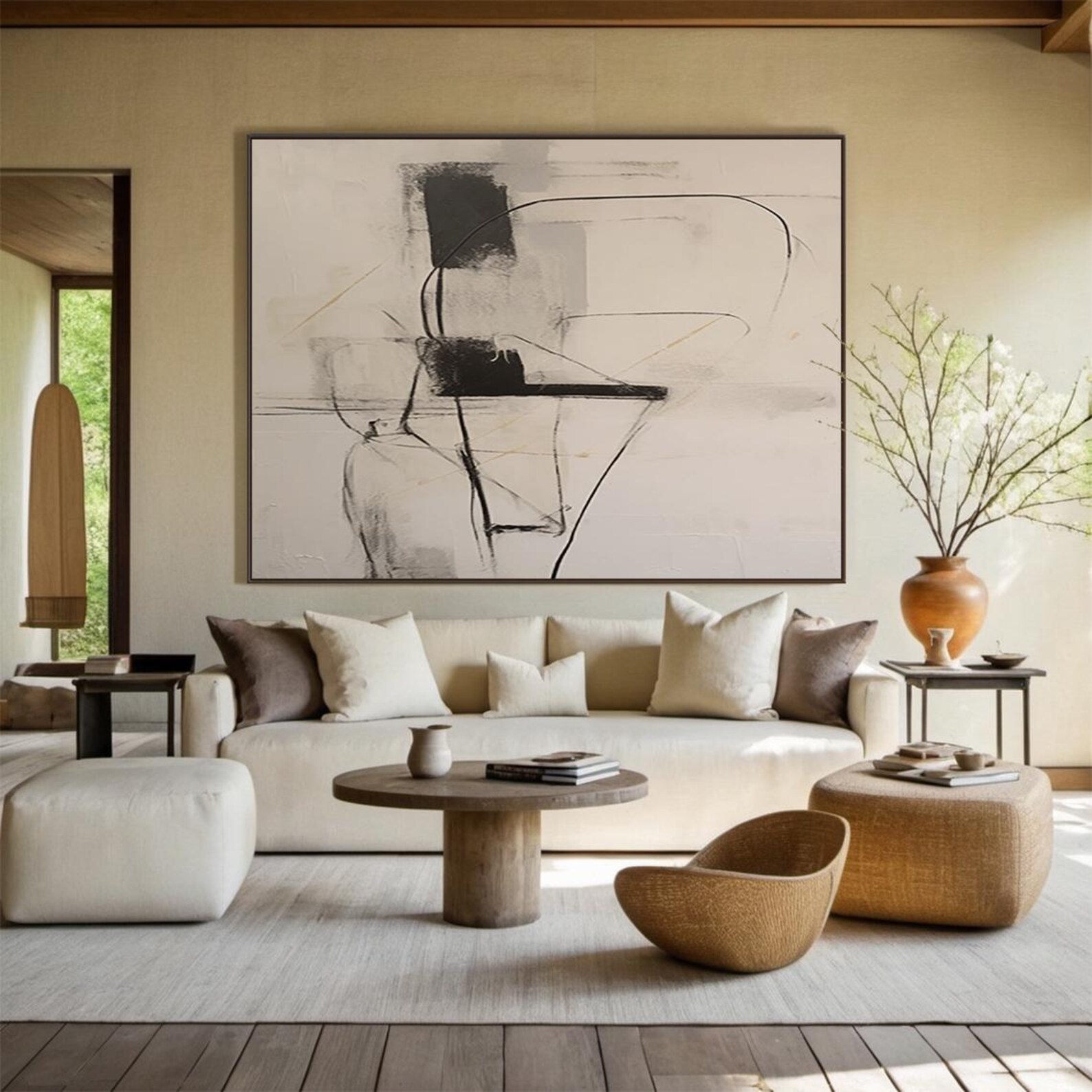 Abstract Oil Painting on Cream Canvas, Modern Home Wall Decor Art, Wabi ...