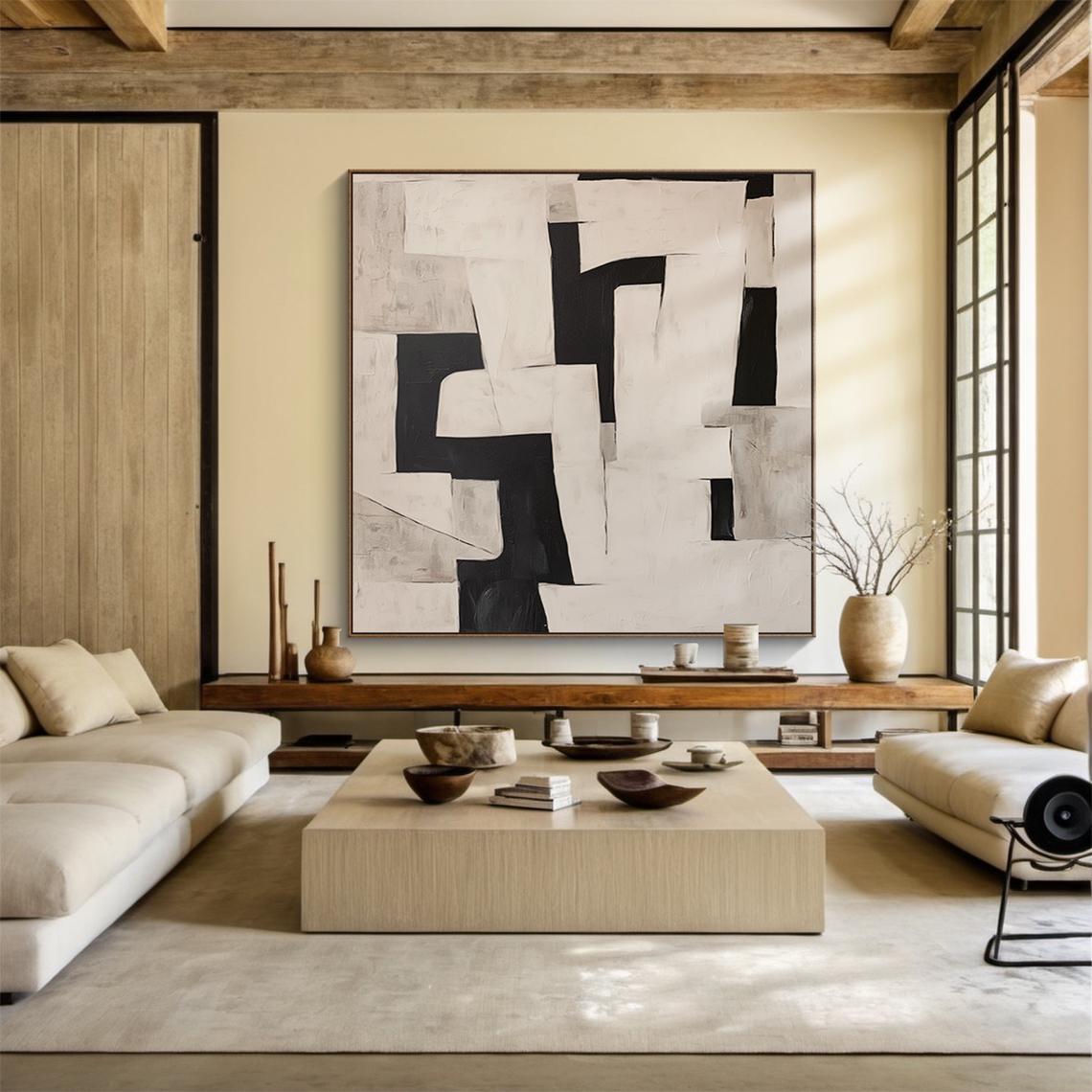 Beige Textured Canvas Painting Beige Wabi-sabi Wall Painting Black Beige Abstract Painting Large ...