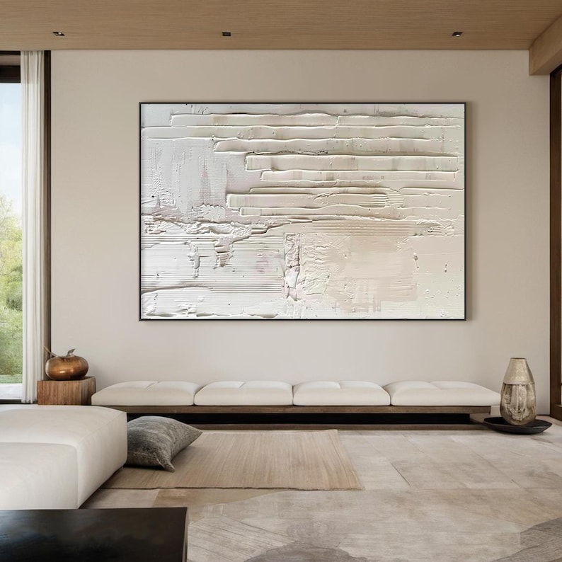 Minimalist White Textured Abstract Oil Painting - Large Neutral 3D ...