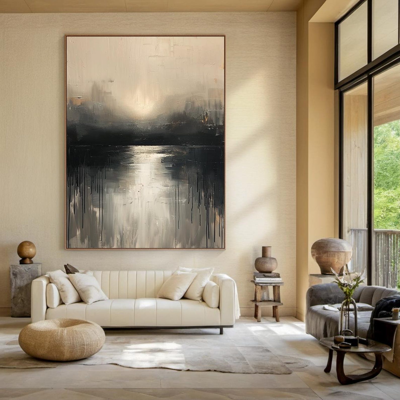 Abstract Drip Painting With Light Reflection – Handmade Neutral Wall ...
