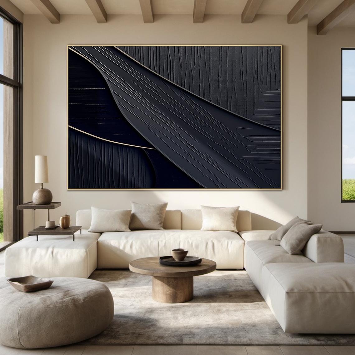 Modern Black Abstract Wall Painting, Black Minimalist Wabi-sabi Wall ...