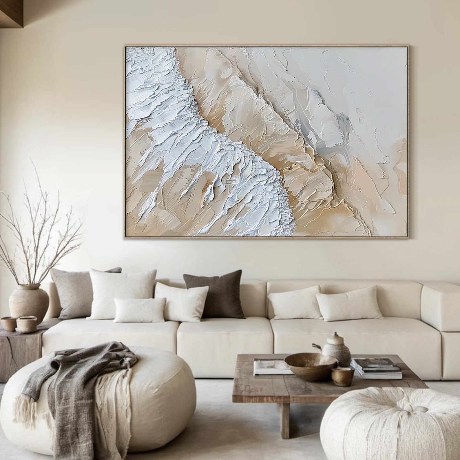 Beige Textured Wall Decor Art, Large White Minimalist Wall Art, Beige ...