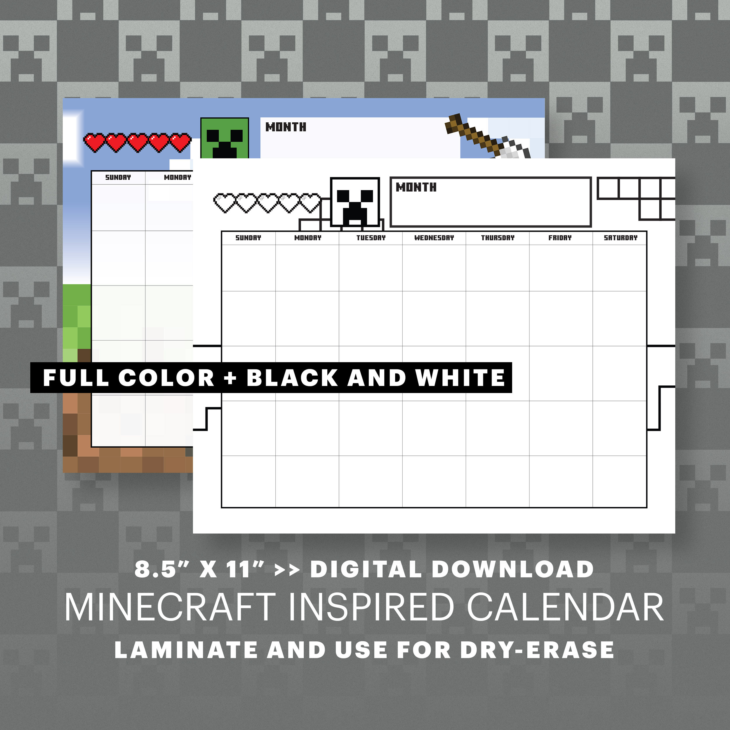 Printable Minecraft Theme Blank Month View Calendar | 8.5 X 11 Page ...