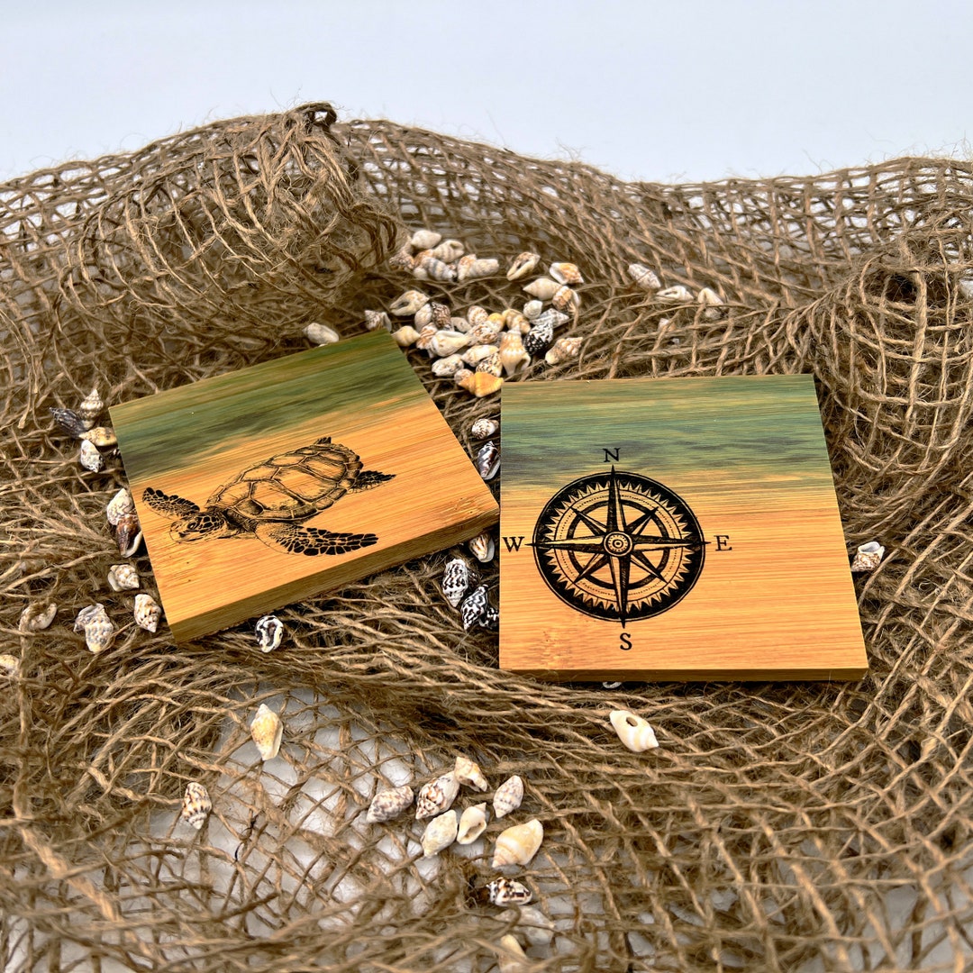 Ocean Themed Bamboo Coasters Laser Engraved and UV Printed | Sea Turtle ...