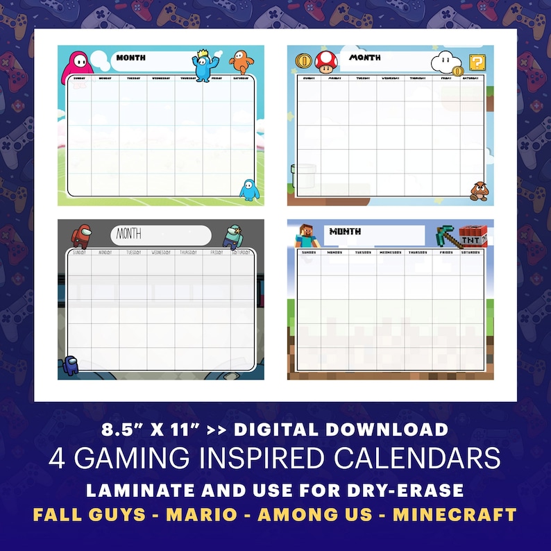 Set of 4 Gaming Themed Printable Calendars | Full Color | Minecraft ...