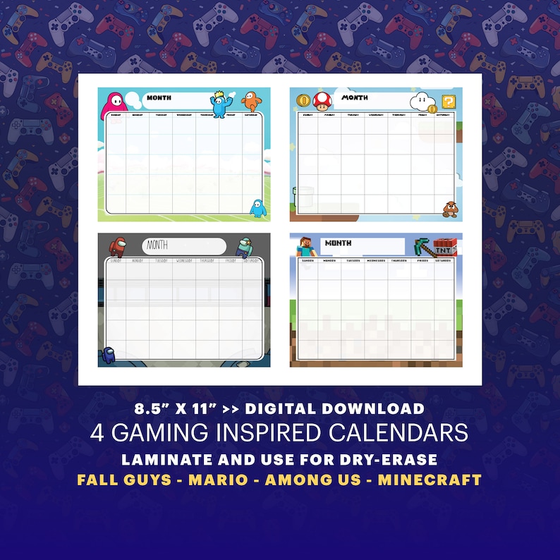 Set of 4 Gaming Themed Printable Calendars | Full Color | Minecraft ...