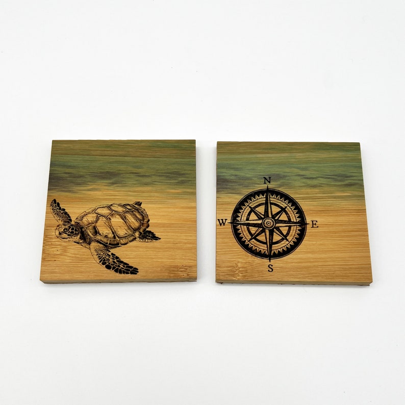 Ocean Themed Bamboo Coasters Laser Engraved and UV Printed | Sea Turtle ...
