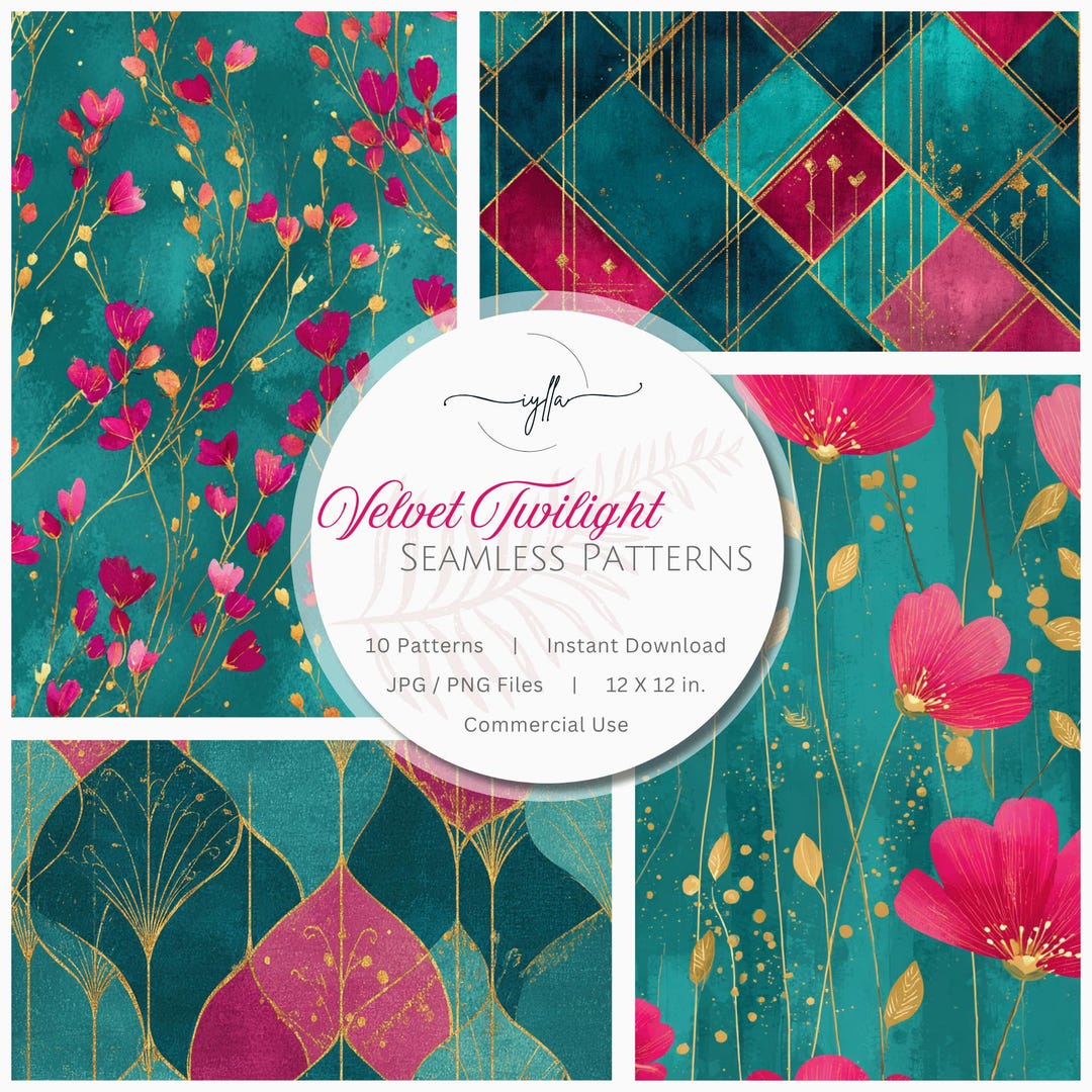 Teal & Pink Seamless Patterns: Velvet Twilight, Digital Papers (instant ...