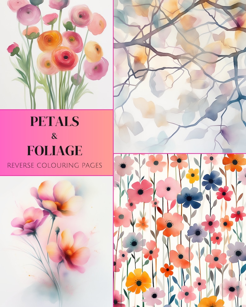 Reverse Colouring Book Instant Download Flowers Trees Leaves 25 ...