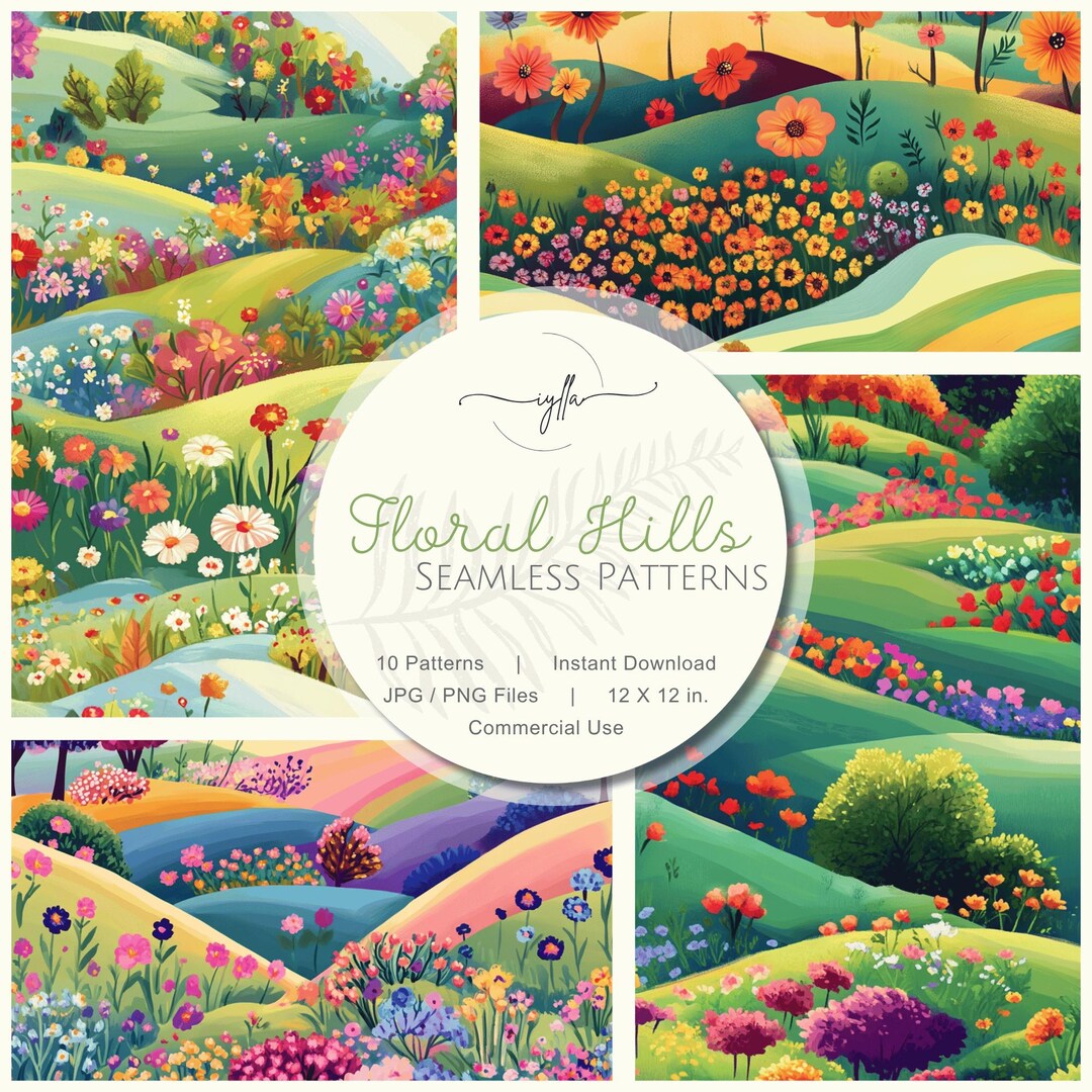 Landscape Seamless Pattern Kit: Floral Hills, Digital Papers (instant ...