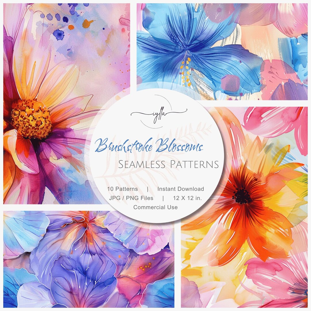 Floral Watercolour Seamless Pattern Pack: Brushstroke Blossoms, Digital ...