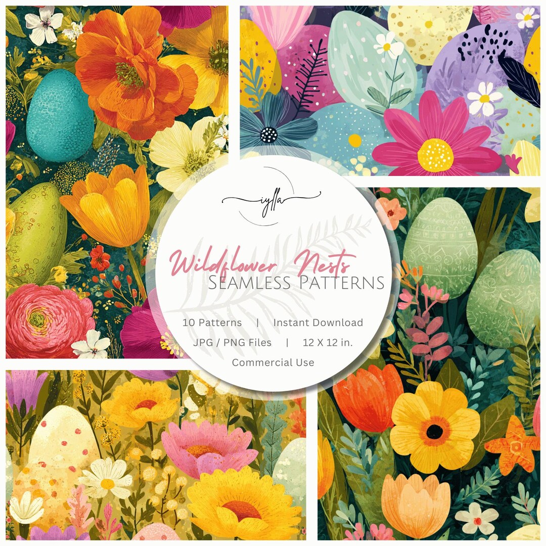 Botanical Seamless Pattern Pack: Wildflower Nests, Flower Digital Paper ...