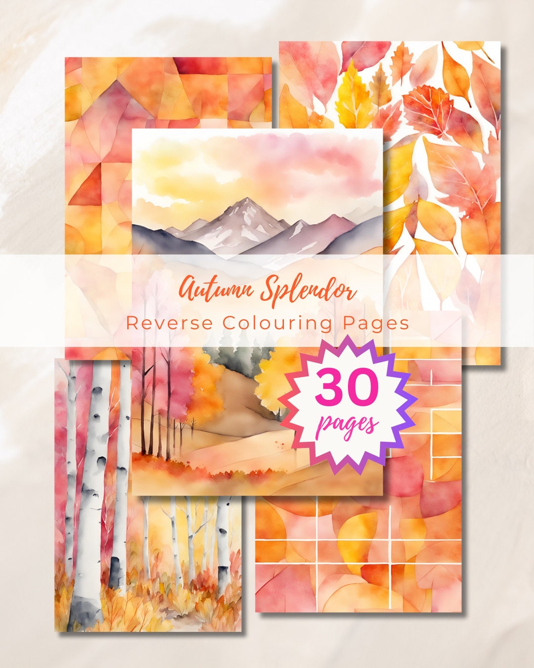 Fall Themed Reverse Coloring Pages Digital Download Watercolour ...