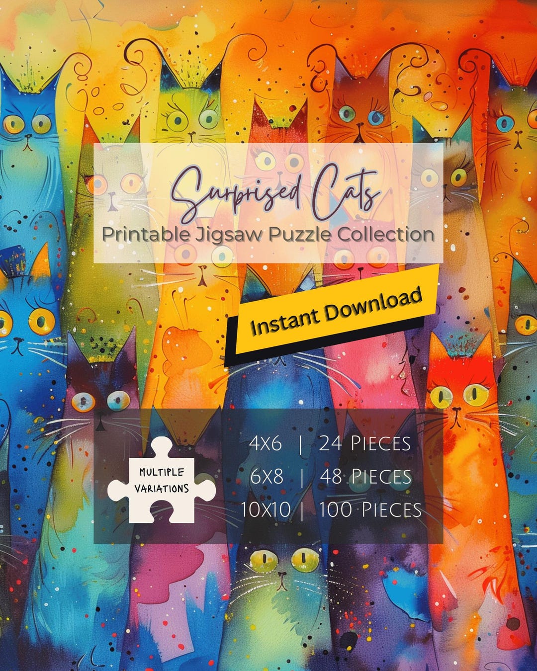 Cat Art Printable Jigsaw Puzzle Bundle: Rectangle & Curved Pieces ...