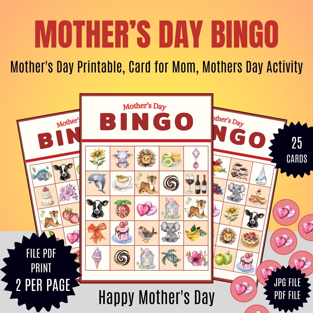 Printable Mother's Day Bingo, 25 Cards for Kids, Mother's Day Party ...