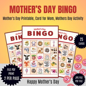 Printable Mother's Day Bingo, 25 Cards for Kids, Mother's Day Party ...