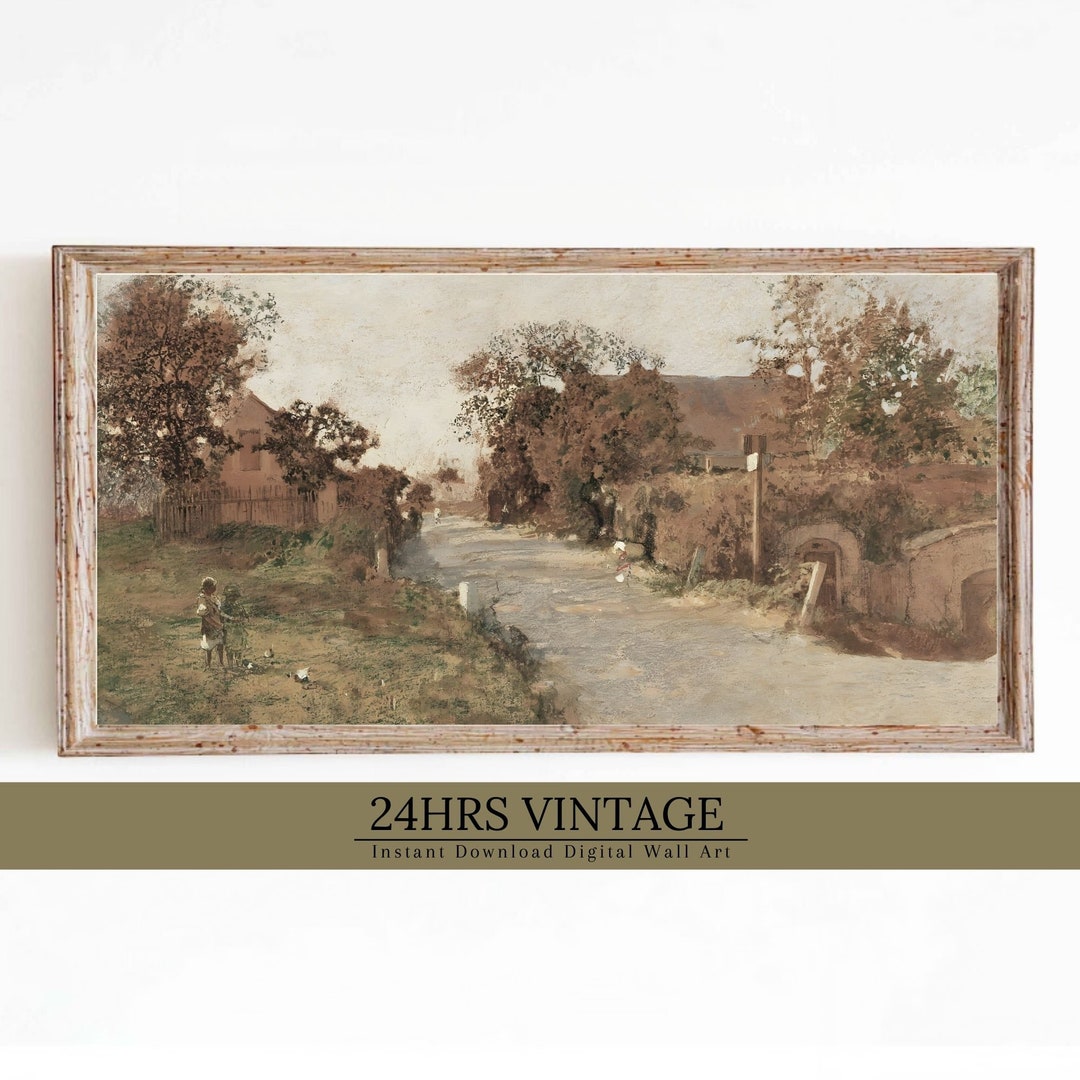 Vintage Rustic Large Long Landscape Oil Painting Wall Decor Panoramic ...