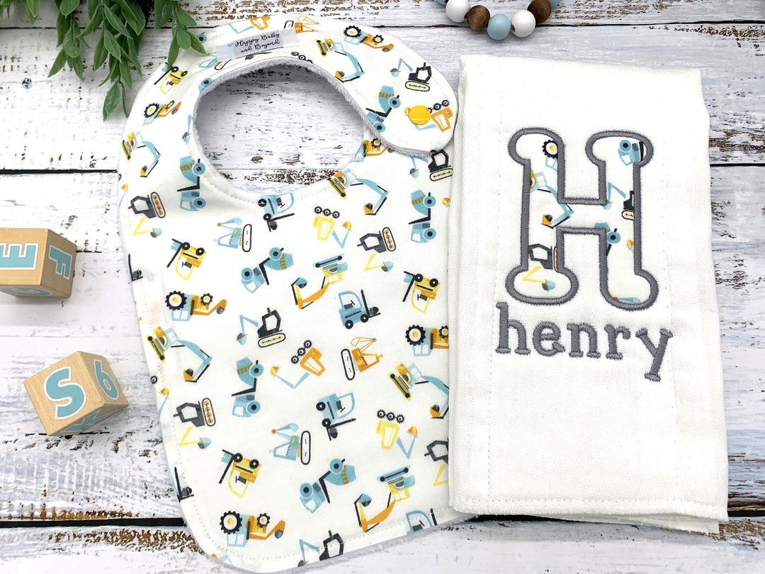 Personalized Baby Bib and Burp Cloth Set, Construction Vehicles Baby ...