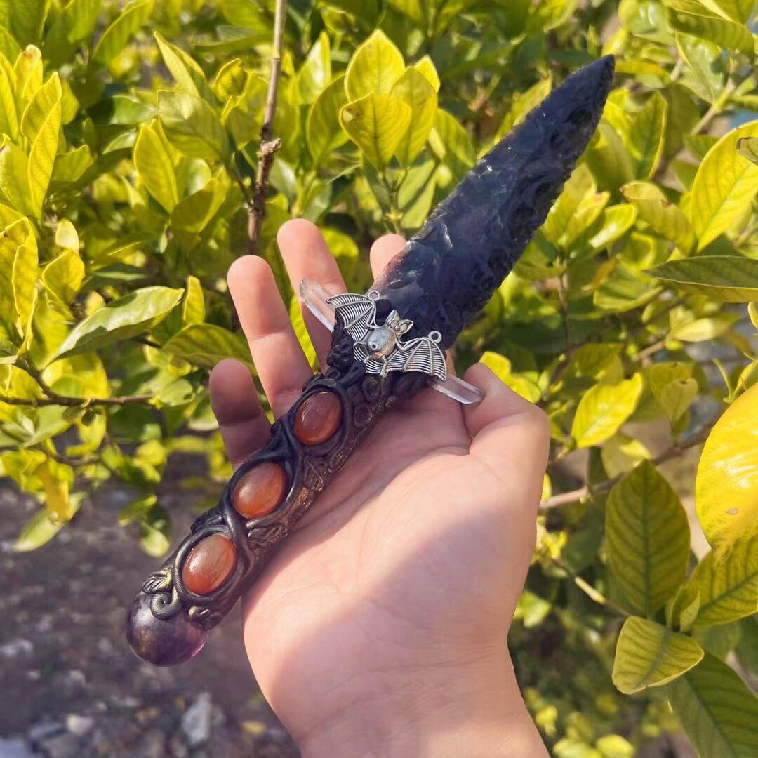 9.5“ Handcrafted Obsidian Dagger With Gothic Bat Detail and Orange ...