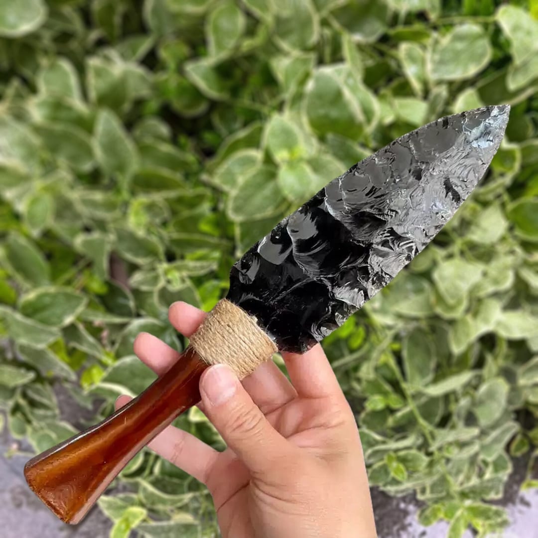 10”handcrafted Obsidian Knife | Unique Black Obsidian Blade With Wooden Handle | Decorative ...