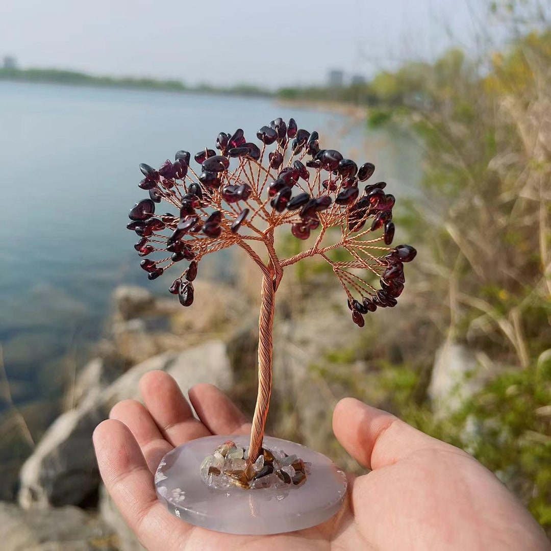 Garnet Quartz Crystal Tree of Life With Copper Wire Branches and Agate ...