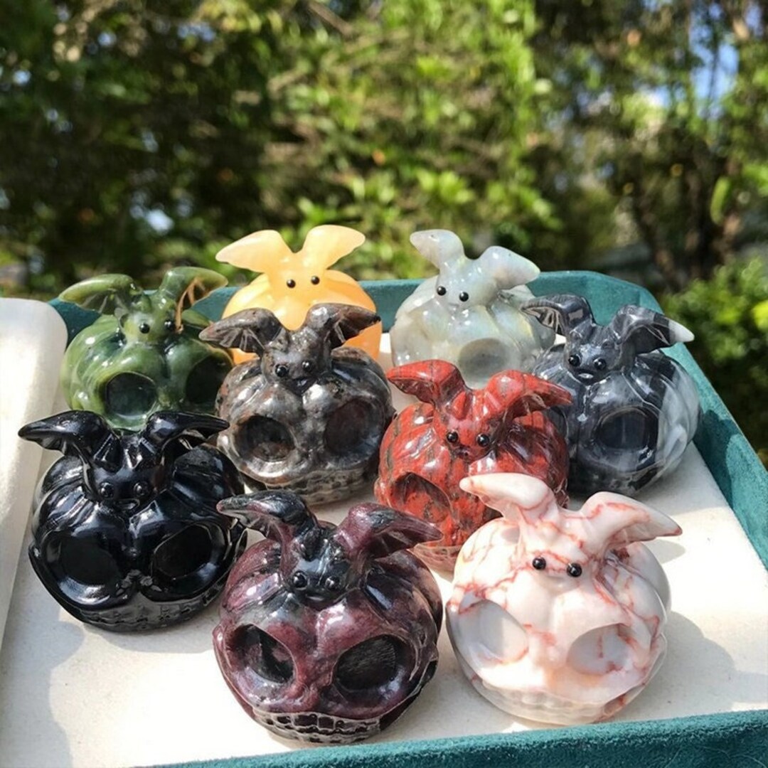 Hand-carved Stone Bat Pumpkin Figurines - Halloween Decor | Crystal ...