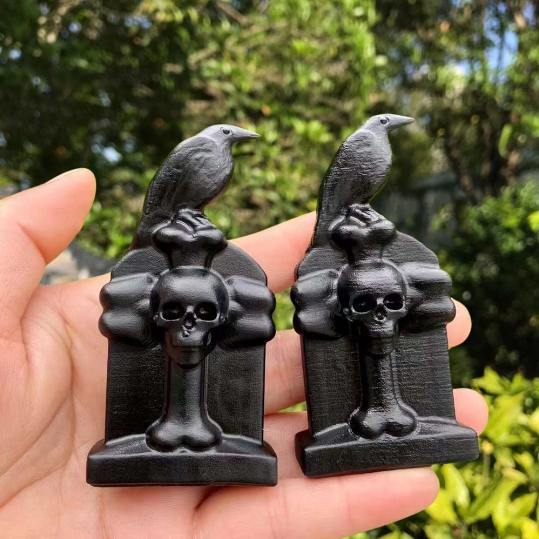 Obsidian Raven on Skull Figurine | Gothic Decor | Handcrafted Crystal ...