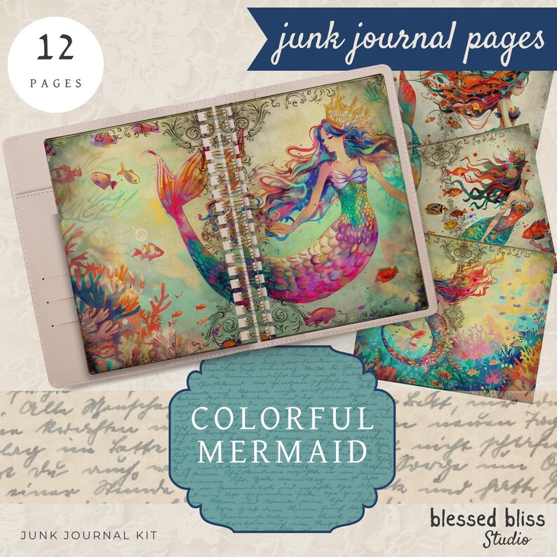 Colorful Mermaid JUNK JOURNAL PAGES Digital Paper, Fantasy Journal ...