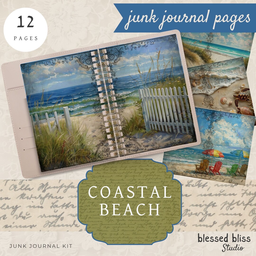 Coastal Beach JUNK JOURNAL PAGES Digital Paper, Shells, Sand, Ocean ...