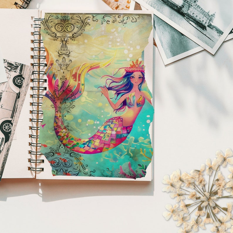 Colorful Mermaid JUNK JOURNAL PAGES Digital Paper, Fantasy Journal ...