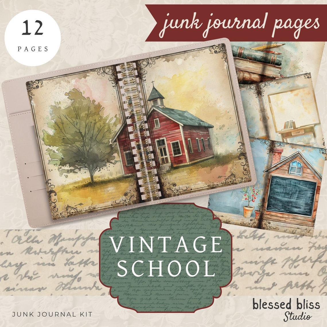 Vintage Schoolhouse JUNK JOURNAL PAGES Digital Paper, Back to School ...