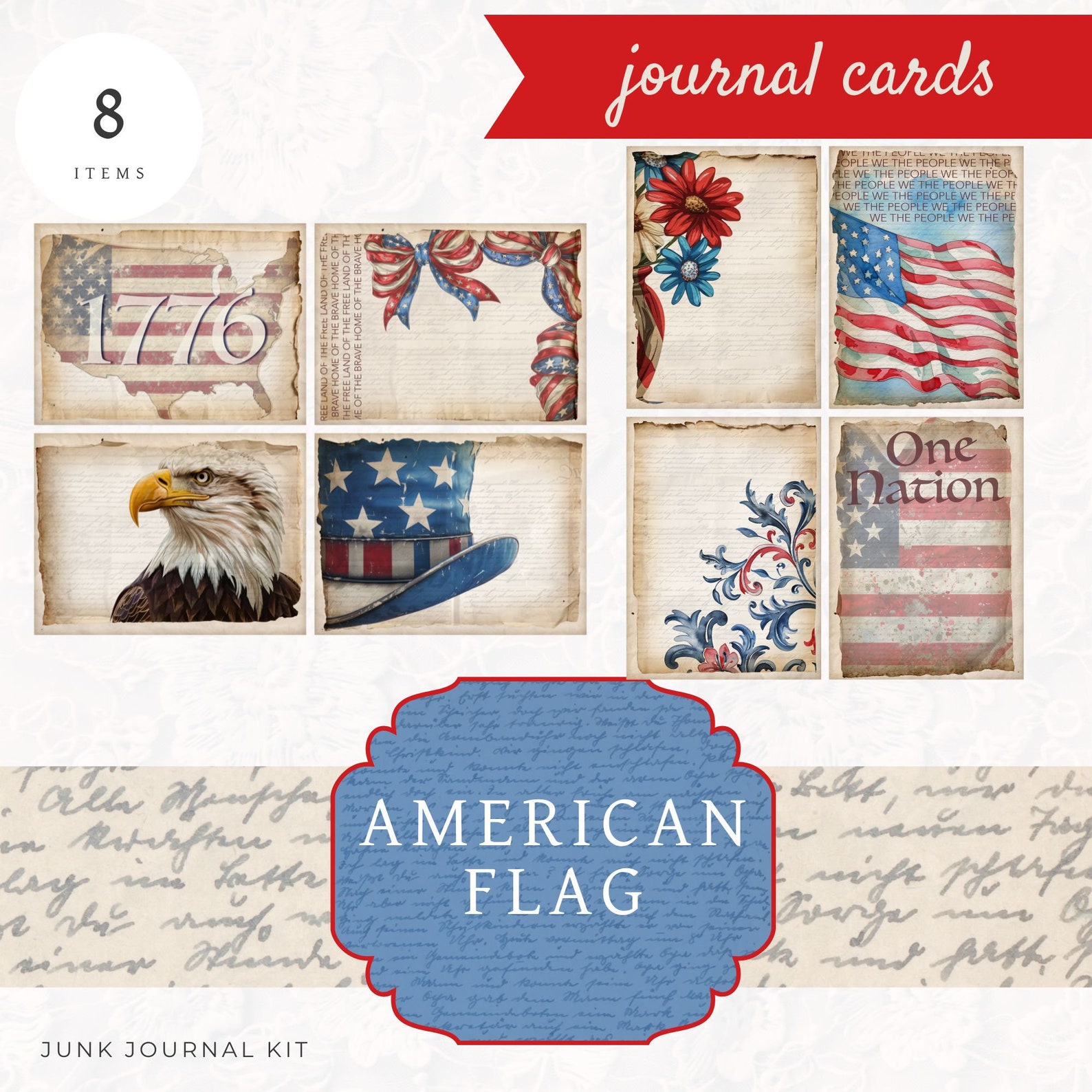 American Flag Patriotic JUNK JOURNAL CARDS Digital Paper, Red Blue ...