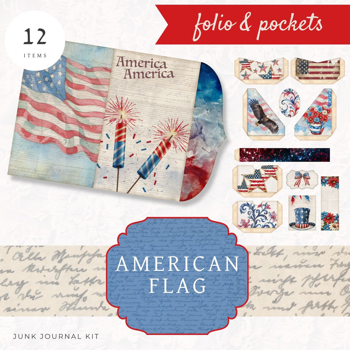 American Flag Patriotic JUNK JOURNAL FOLIO Digital Paper, Red Blue ...
