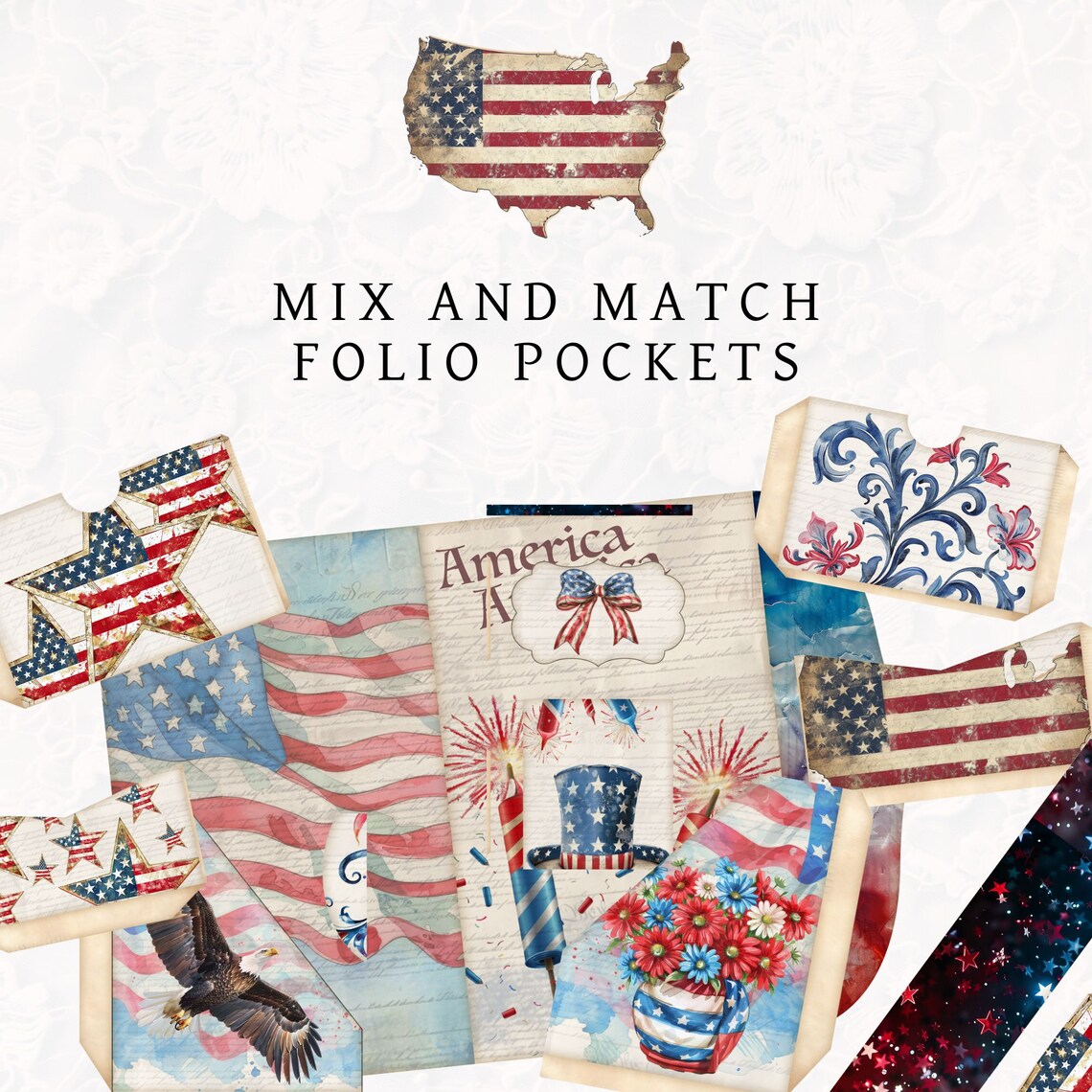 American Flag Patriotic JUNK JOURNAL FOLIO Digital Paper, Red Blue ...
