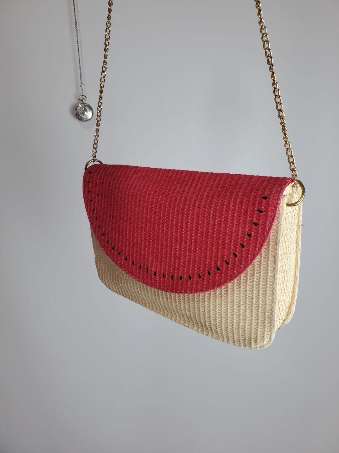 Escada Sorbetto Rosso Watermelon Straw Purse Shoulder Bag Clutch Chain ...