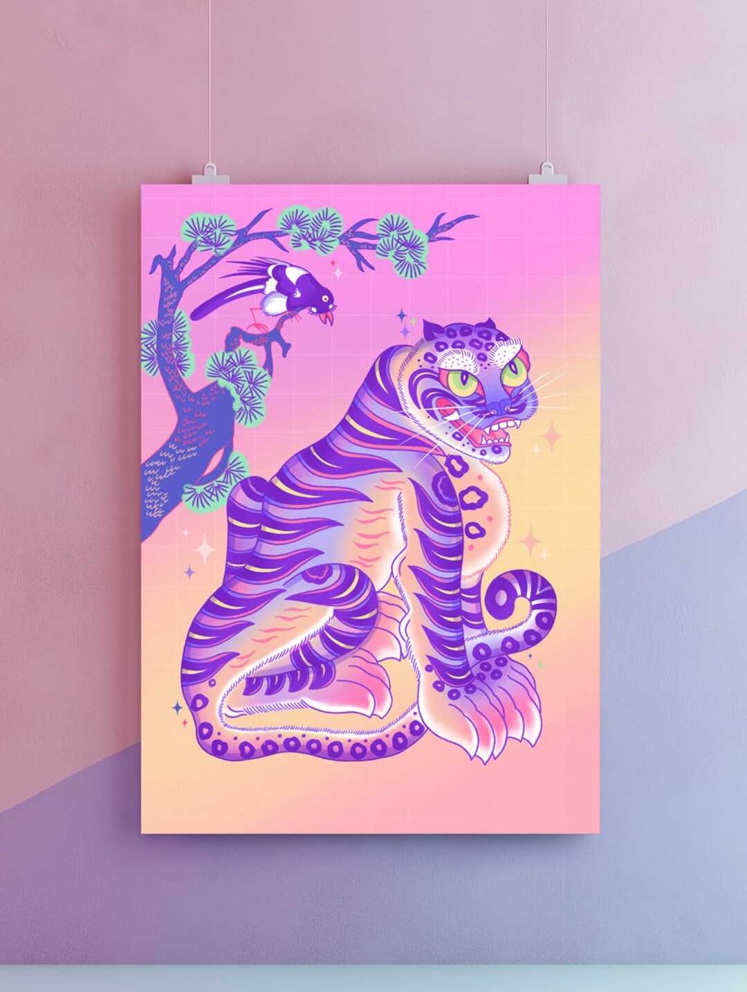Purple Korean Minhwa Tiger and Magpie Print | Korean Folk Painting ...