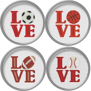 Set of 4 Sport Cross Stitch Pattern Love Football Soccer Baseball ...