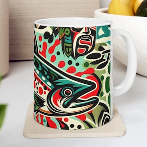 Salmon Art Ceramic Mug, Fishing Lover Gift, Marimekko Coffee Cup, Dad's ...