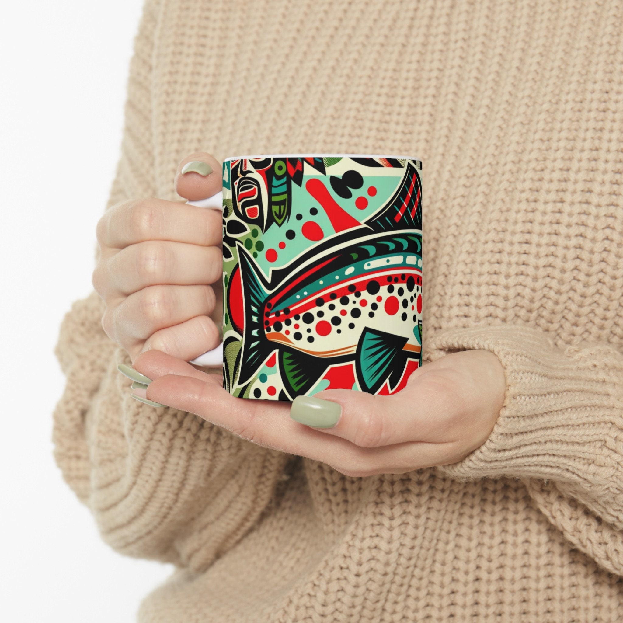 Salmon Art Ceramic Mug, Fishing Lover Gift, Marimekko Coffee Cup, Dad's ...