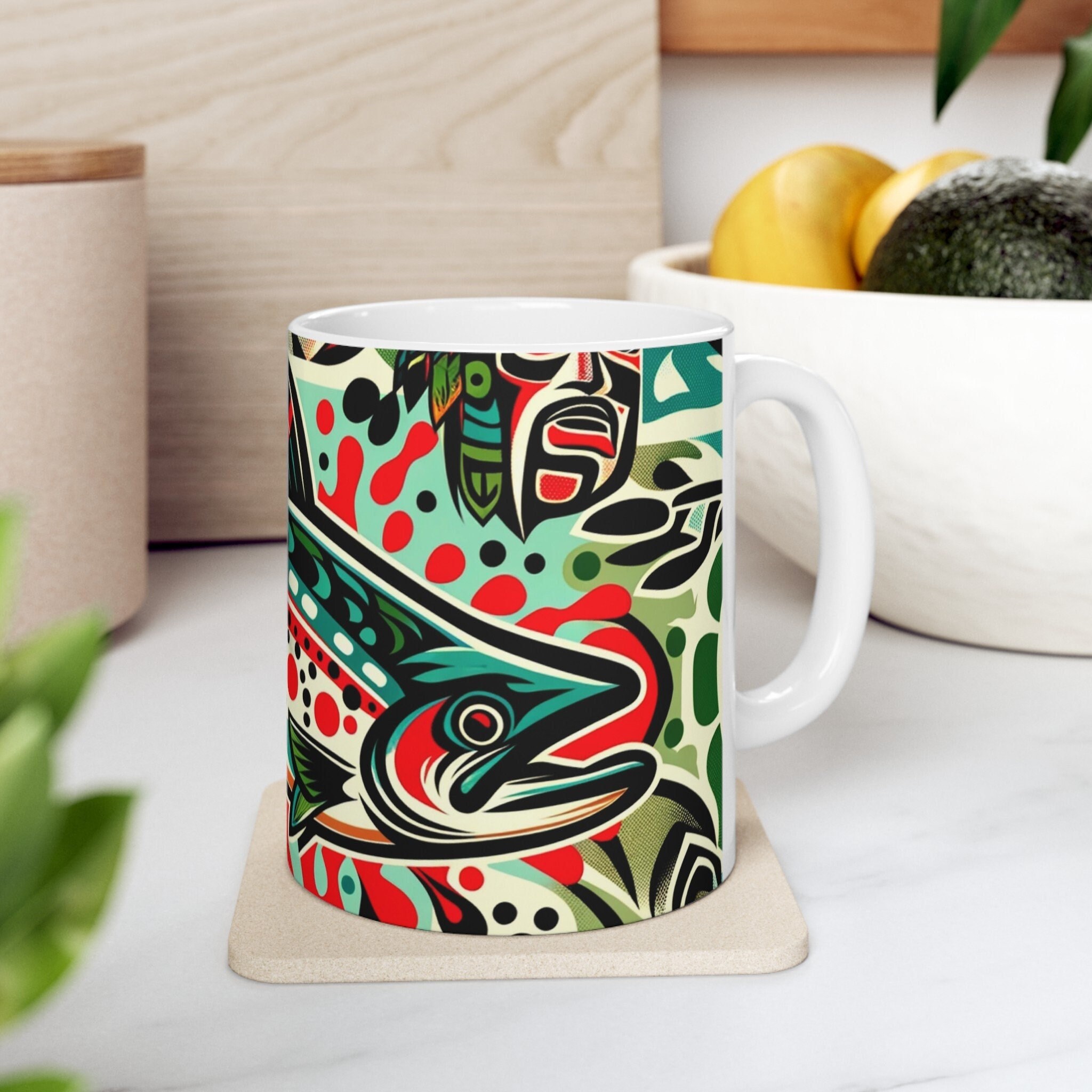 Salmon Art Ceramic Mug, Fishing Lover Gift, Marimekko Coffee Cup, Dad's ...