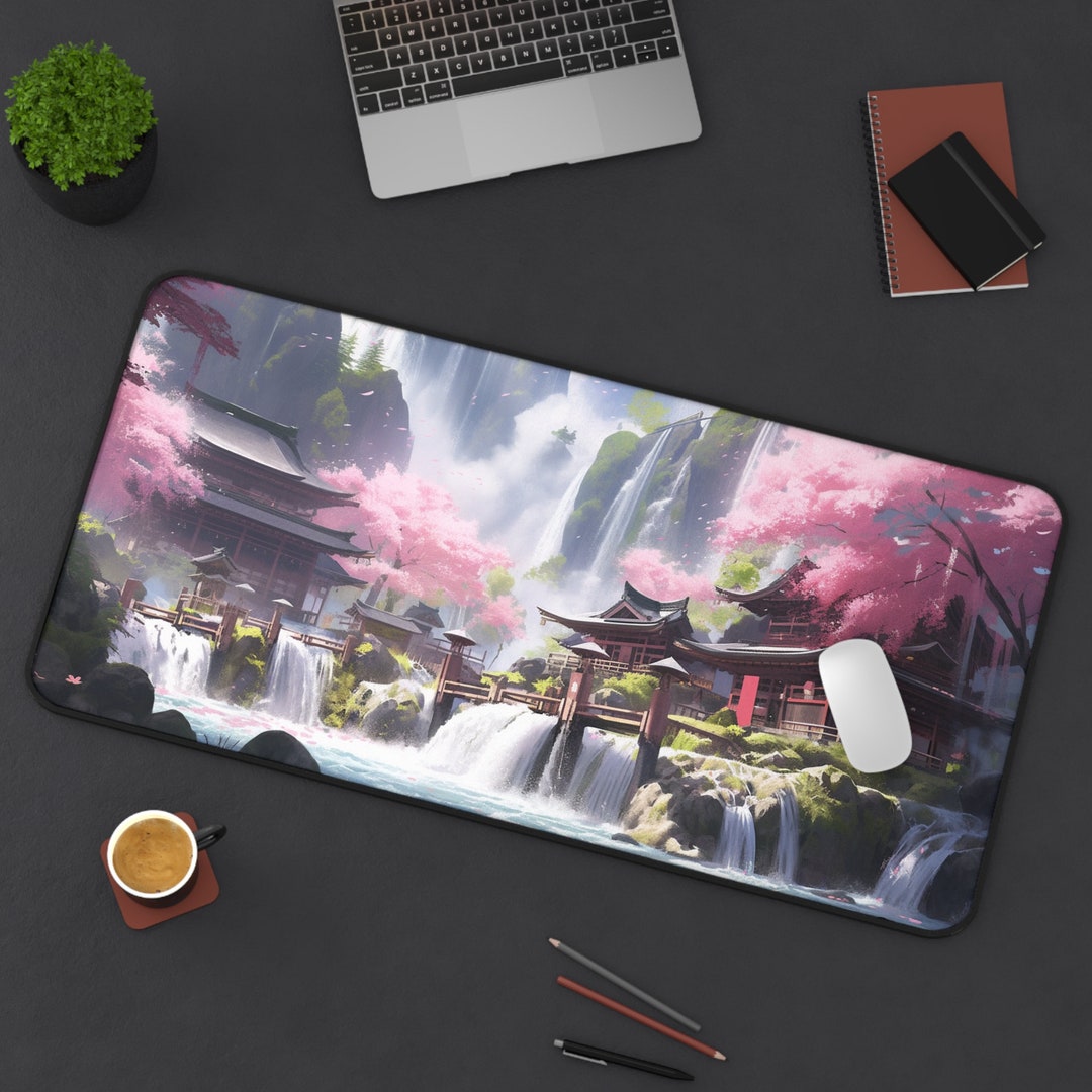 Spring Shrine Temple Japanese Anime Desk Mat, Sakura Tree, Kawaii ...