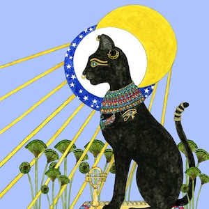 Bast Bastet Egyptian Cat Goddess Print Feline Mythology Sun and Moon ...