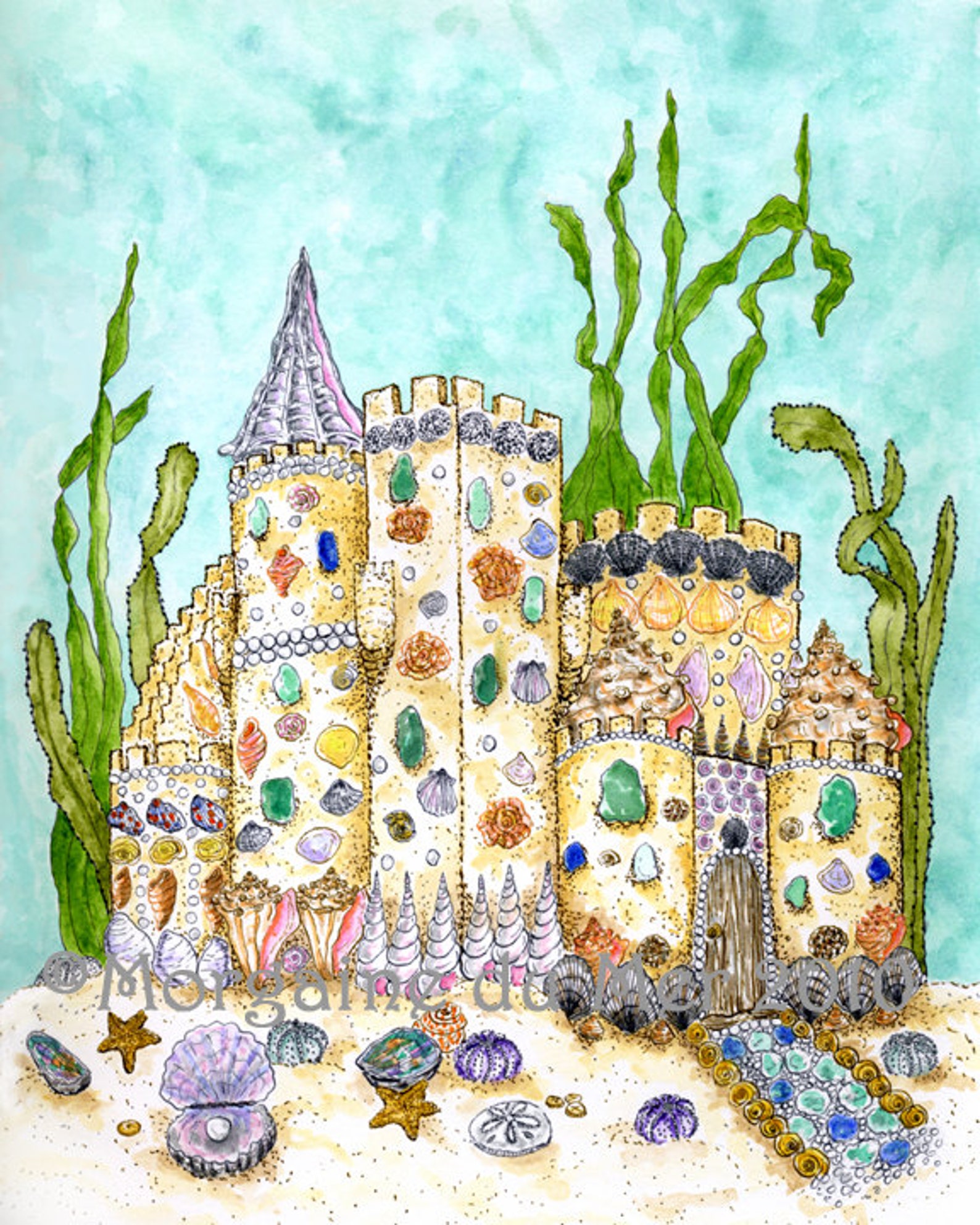 Mermaid's Seashell Sand Castle Art Print Under the Sea Fantasy Beach ...