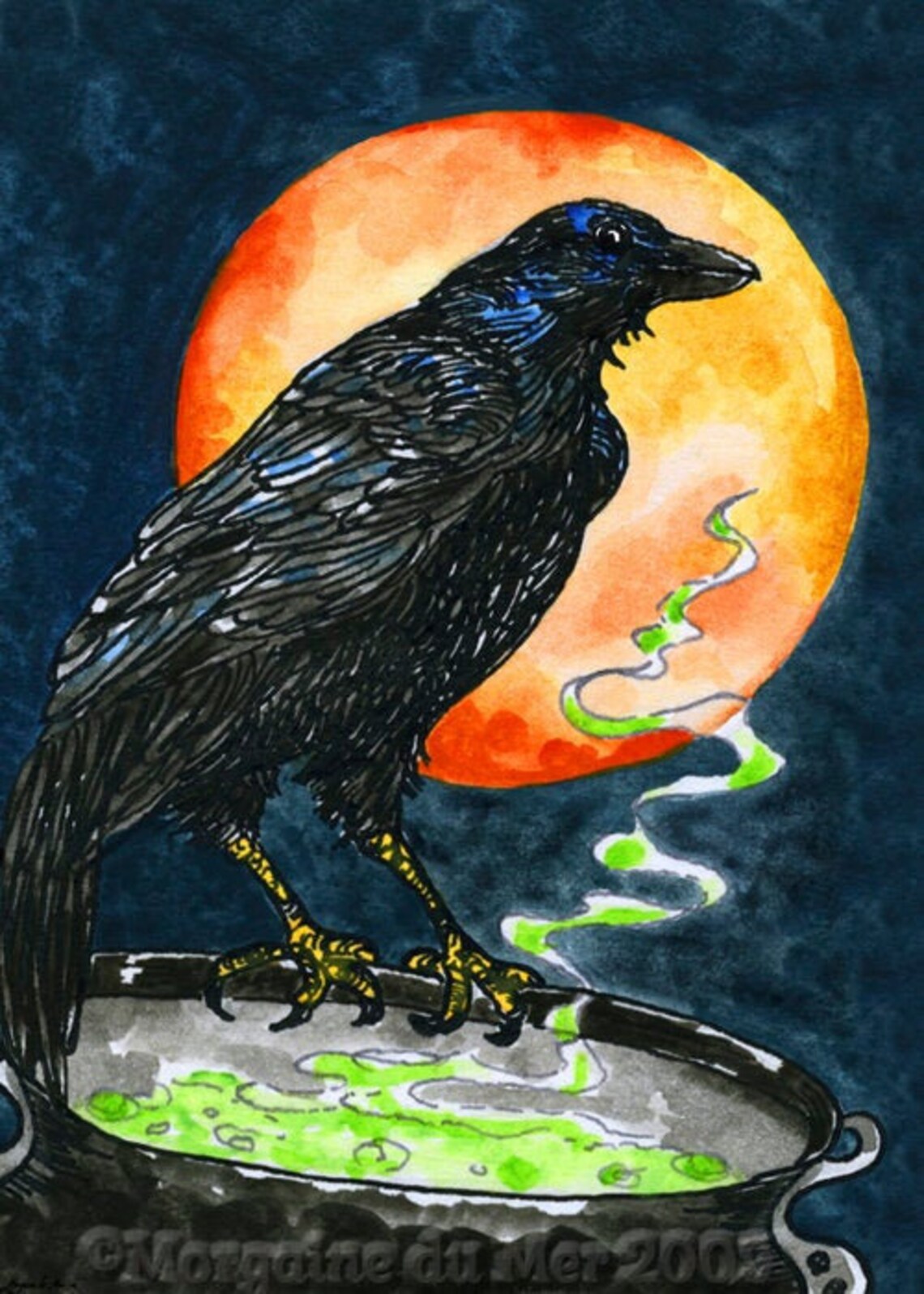 Crow Standing on a Cauldron ACEO Print Full Moon Raven Halloween ...