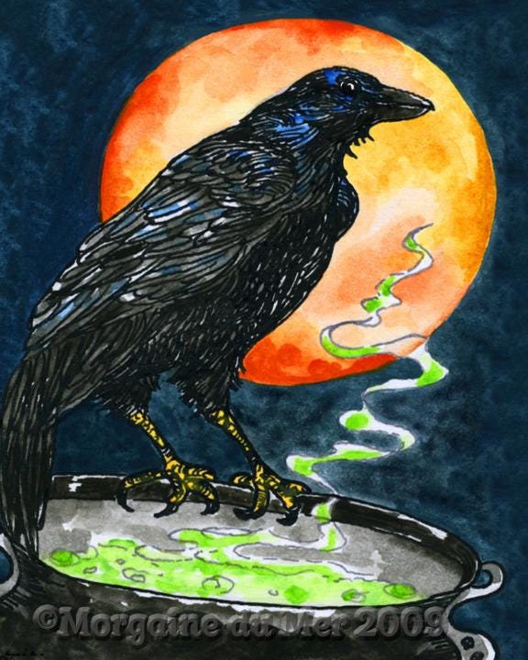 Crow Standing on a Cauldron ACEO Print Full Moon Raven Halloween ...