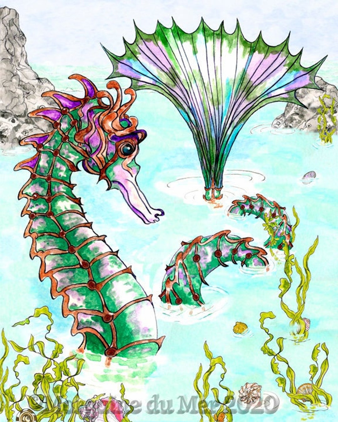 Sea Dragon Print Mythical Water Creature Wall Art Ink and Watercolour ...