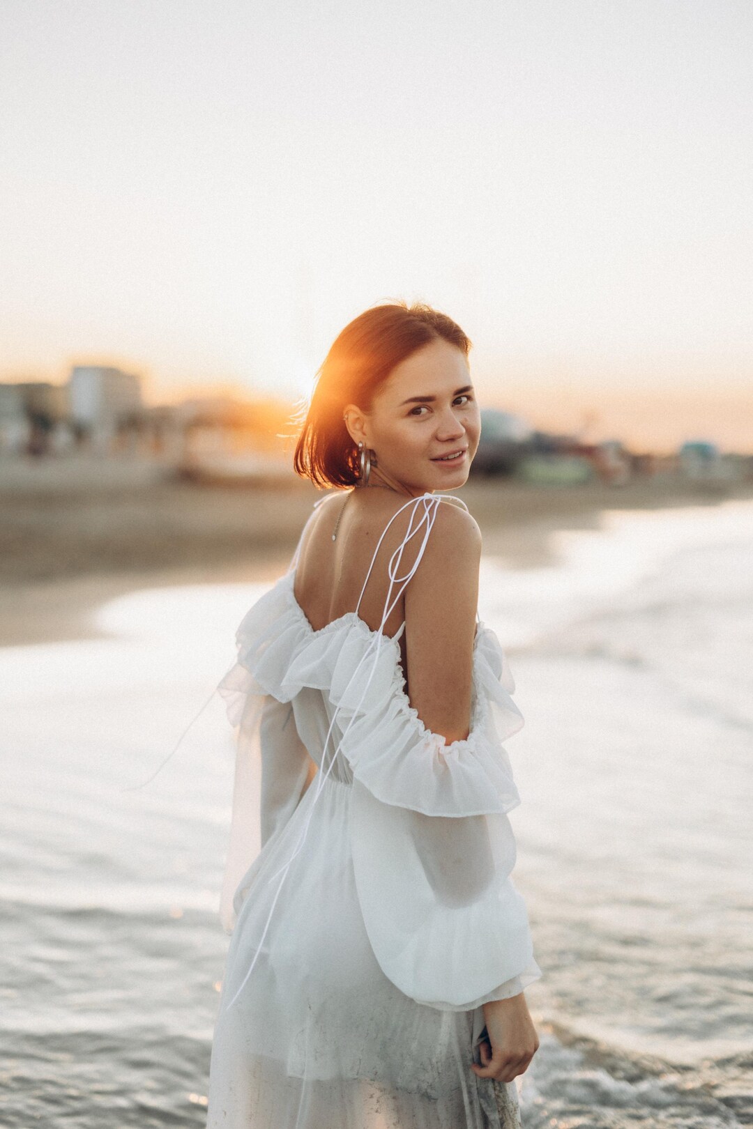 Boho Modest Beach Wedding Dress, Chiffon Summer Ocean Gown With Cape ...