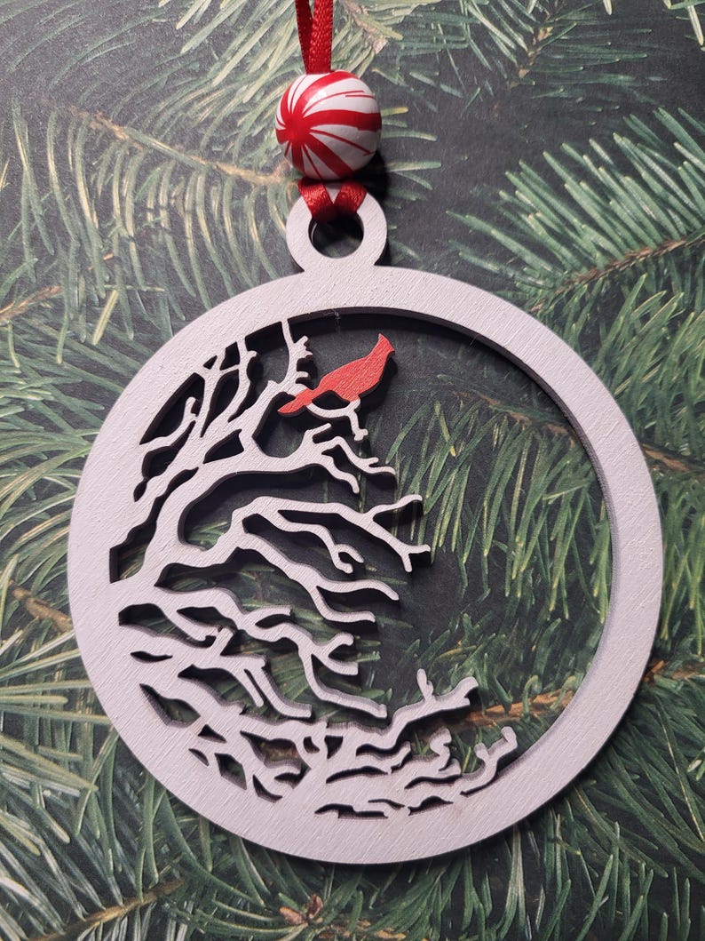 Wooden Cardinal Ornament With Acrylic Backer - Window Hanging & Holiday ...