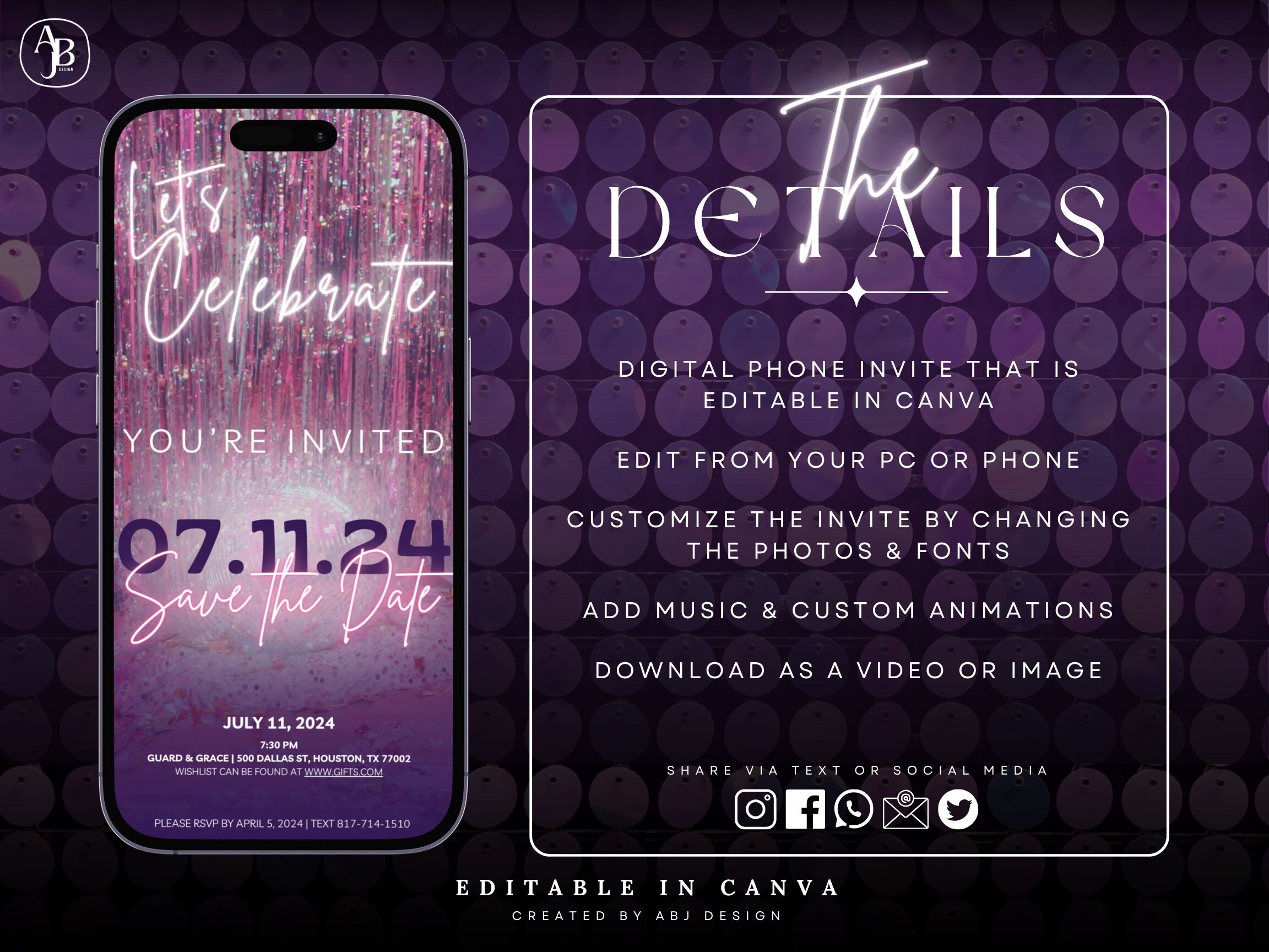 Purple Birthday Invite, 30th Birthday Invitation, Digital Template ...